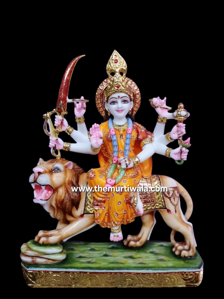 Marble Durga maa Idol for Home - Multicolored & Goldplated Idol